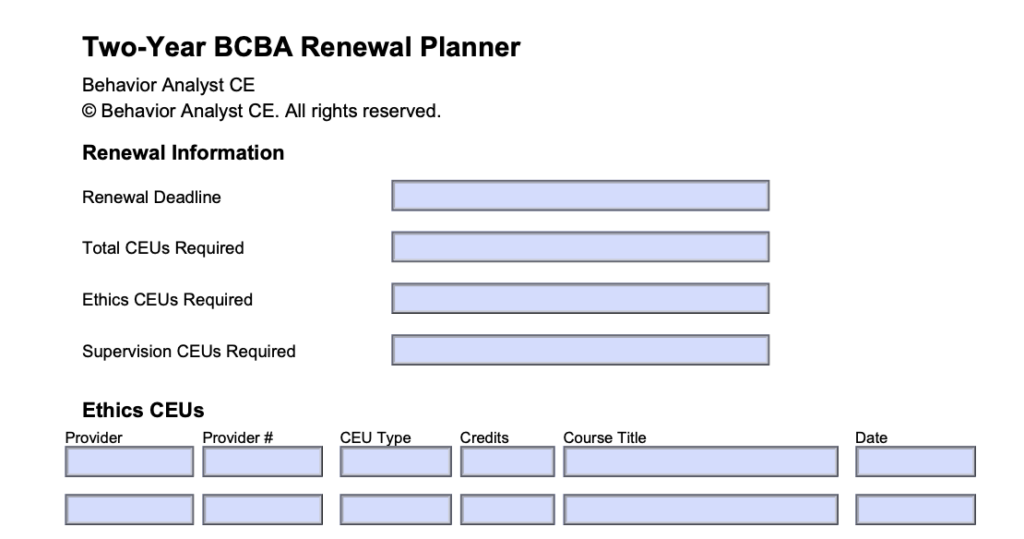 BCBA CEU Renewal Planner for Effective Tracking | Behavior Analyst CE
